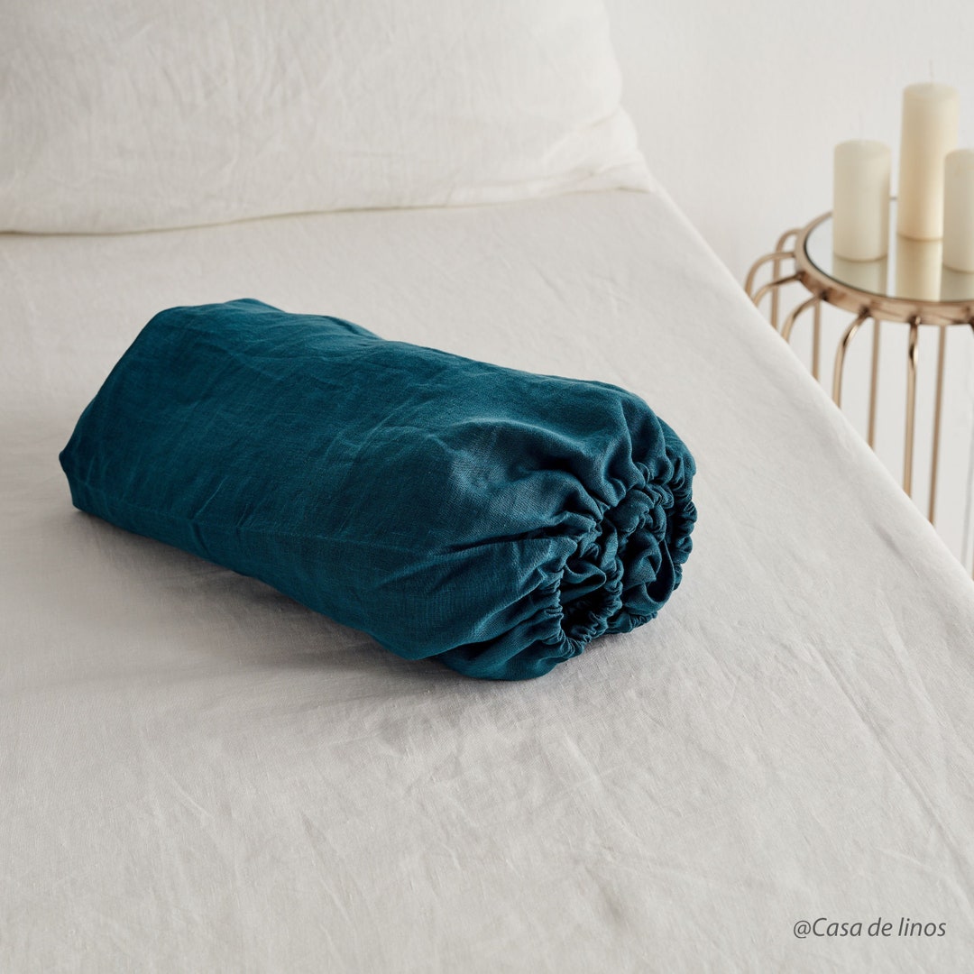 Linen Fitted Sheet in Petrol Color. Stone Washed, Softened Linen ...