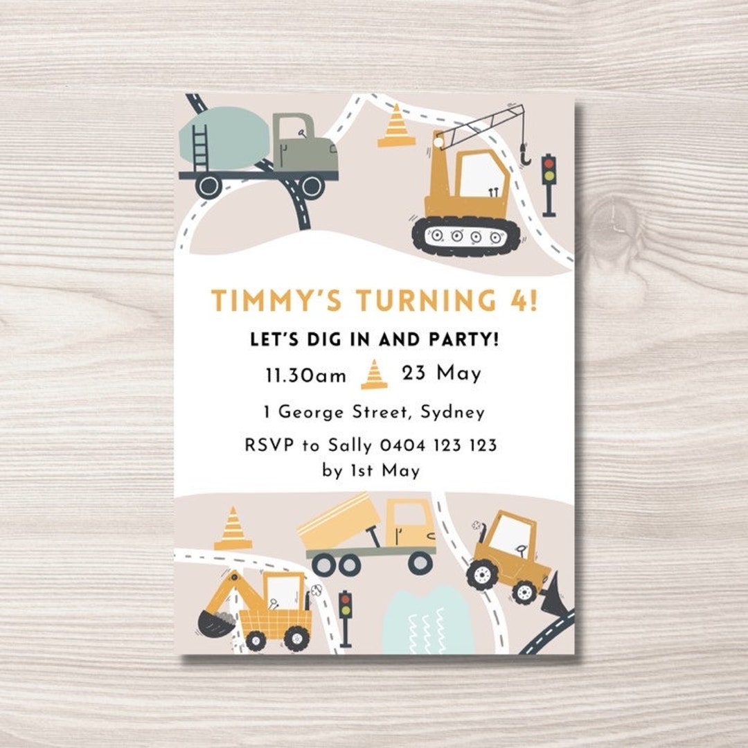 Construction Digger Excavator Birthday Invitation Digital - Etsy