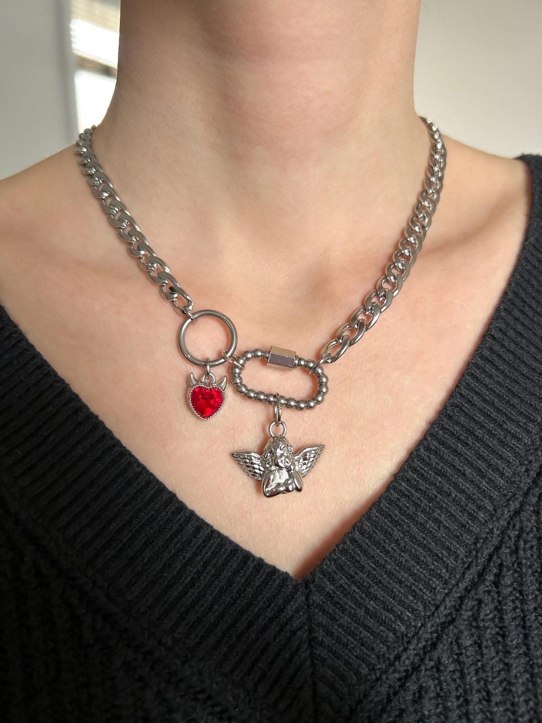 Red Devil Heart Cherub Charm Necklace,y2k Jewelry,baddie Accessories ...