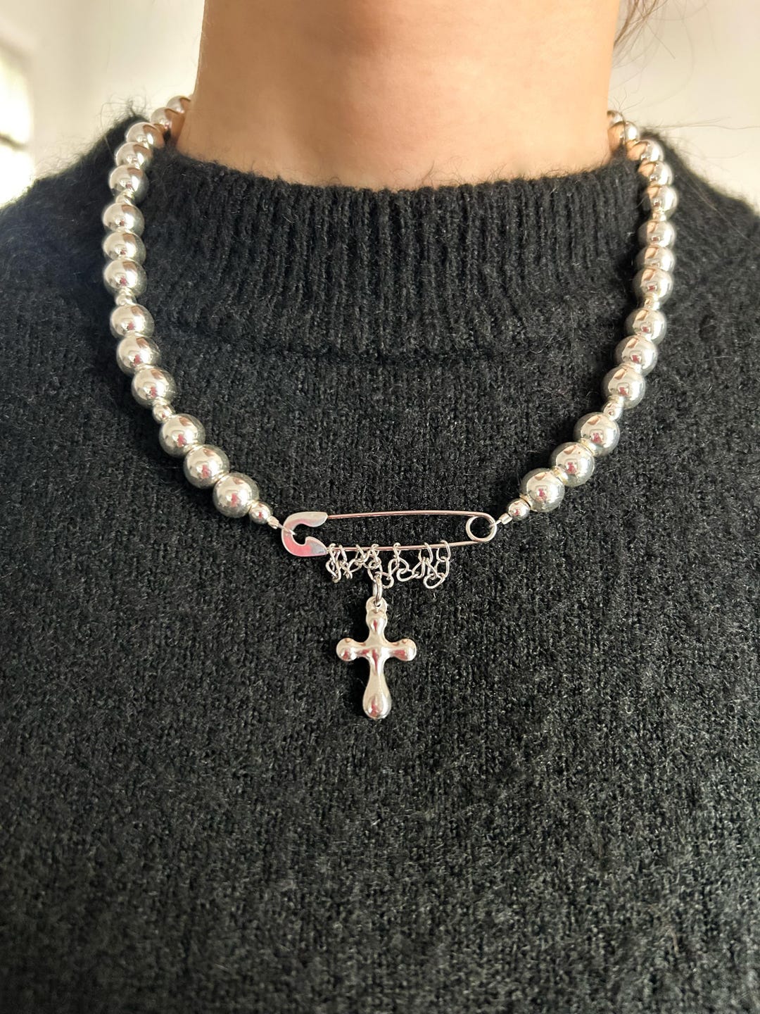 Handmade Silver Beaded Safety Pin Alternative Cross Charm Necklace,punk ...