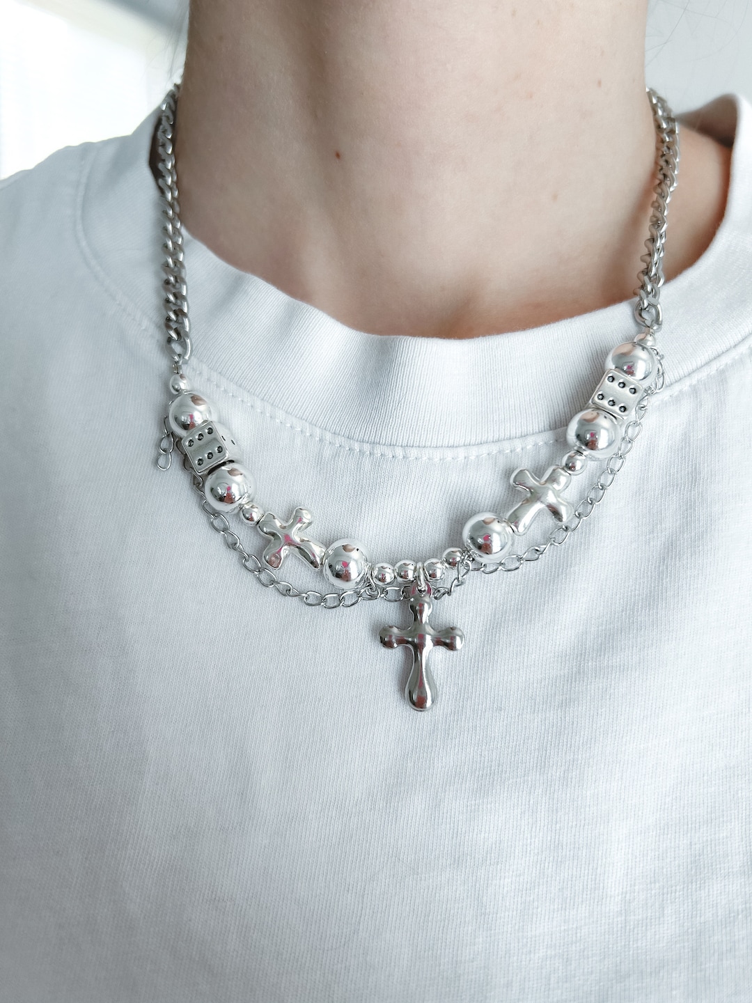 Edgy Silver Chain Streetwear Cross Necklace,indie Jewelry,dopamine ...