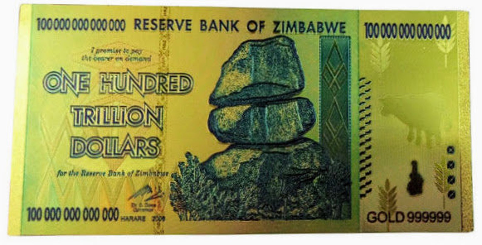 100 Trillion Dollars Zimbabwe Banknote - 99.9% Pure 24 Carat Gold Foil ...