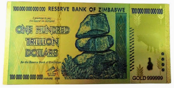 100 Trillion Dollars Zimbabwe Banknote - 99.9% Pure 24 Carat Gold Foil ...