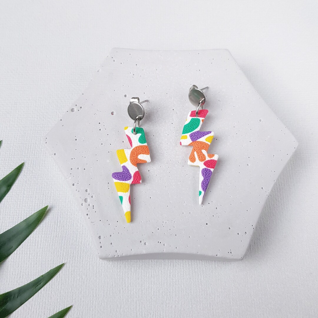 Colorful Lightning Bolt Polymer Clay Earrings - Etsy