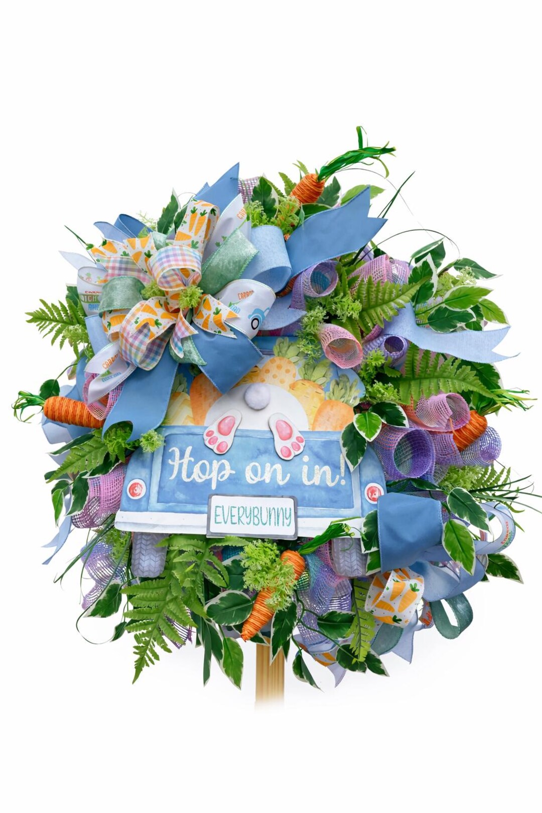 Pastel Blue Farm Truck Bunny Tail Easter Wreath, Carrot Patch Farmhouse ...