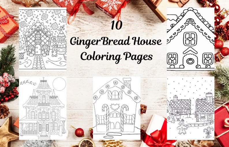 10 Gingerbread House Themed Christmas Coloring Pages Digital Download ...