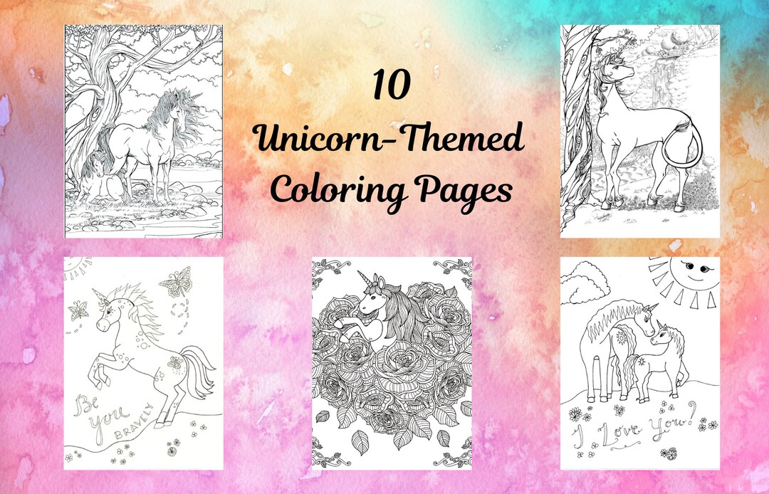 10 Unicorn-themed Coloring Pages. - Etsy