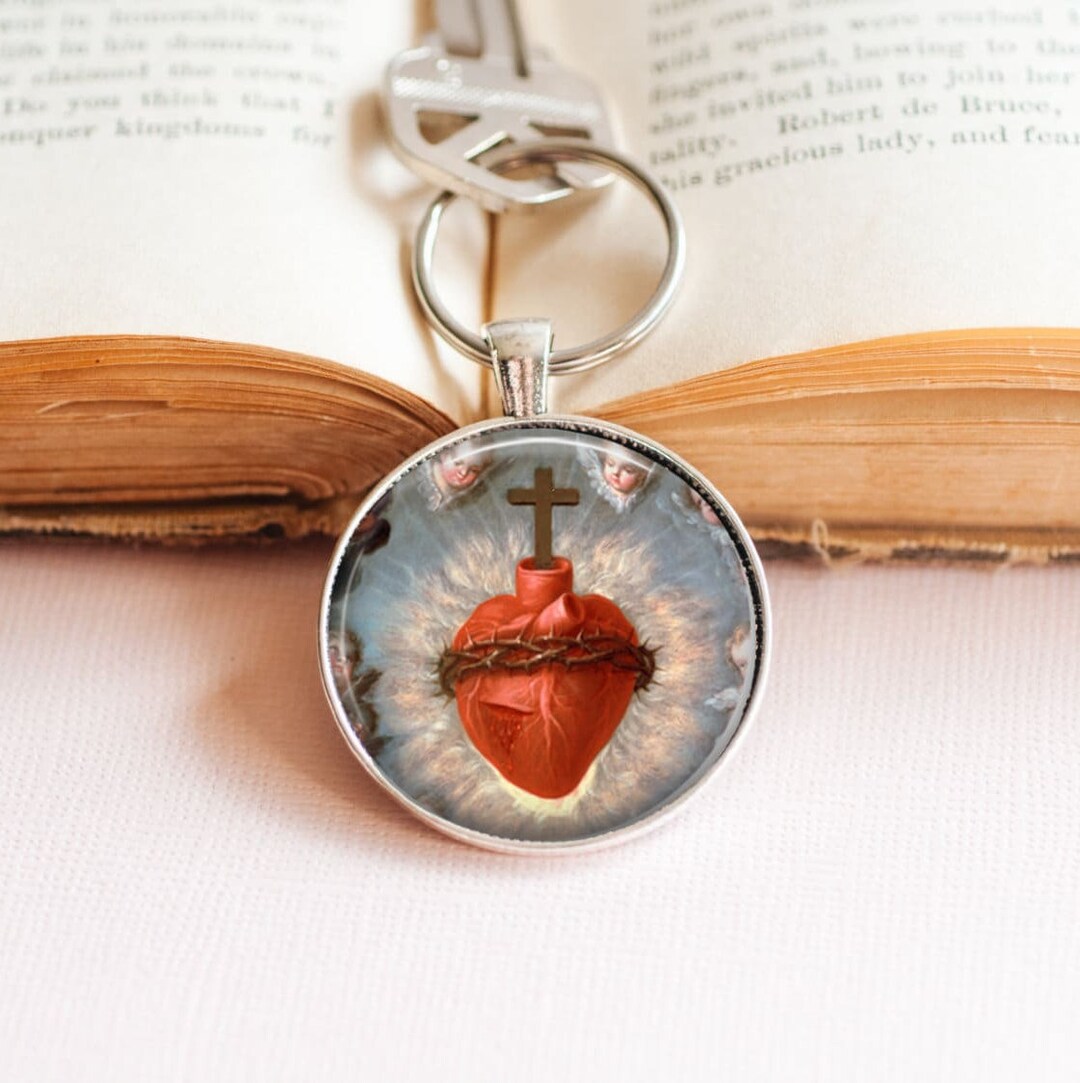 Sacred Heart Key Ring - Sacred Heart Art Gift - Religious Art Key Ring ...