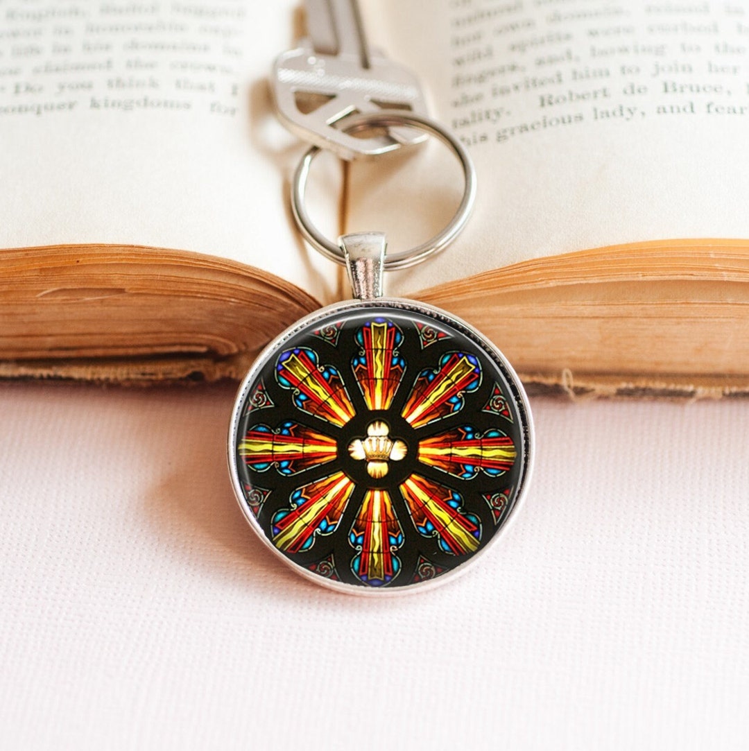 Stained Glass Rose Window Key Ring - Church Window Key Ring - Rose ...
