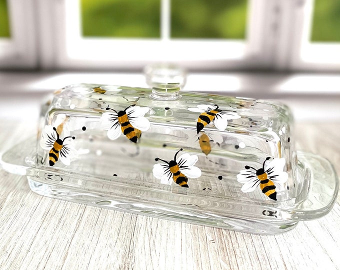 Hand Painted Bee Butter Dish With Handle: Glass Kitchen Decor-country ...