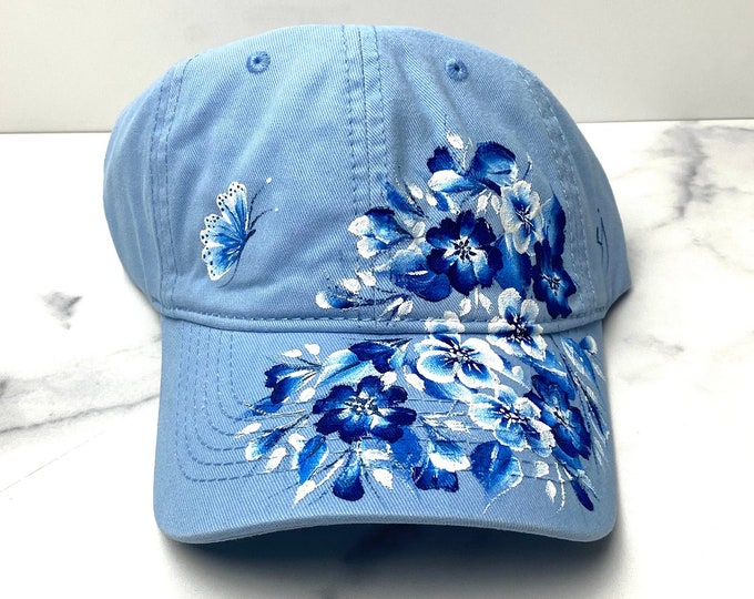 Blue and White Floral Cap. Painted Cap for Sun and Beachwear. Blue ...