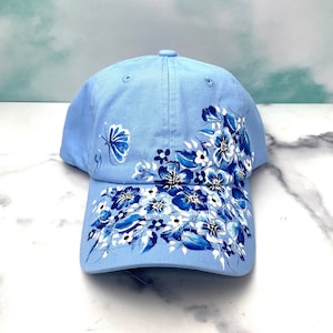 Blue and White Floral Cap. Painted Cap for Sun and Beachwear. Blue ...