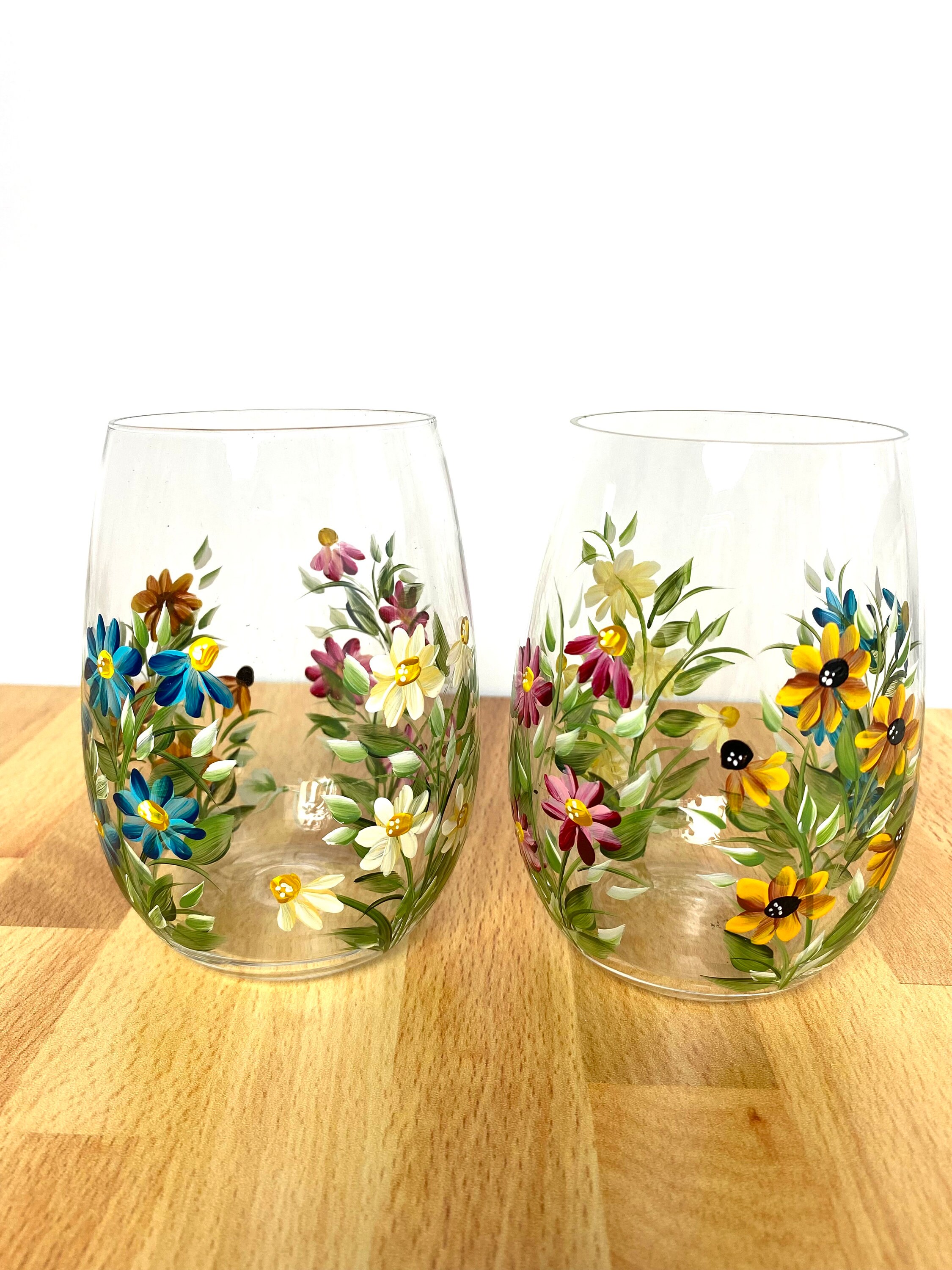 Stemless Wine Glass. HANDMADE Daisy Wine Glass. Colorful - Etsy