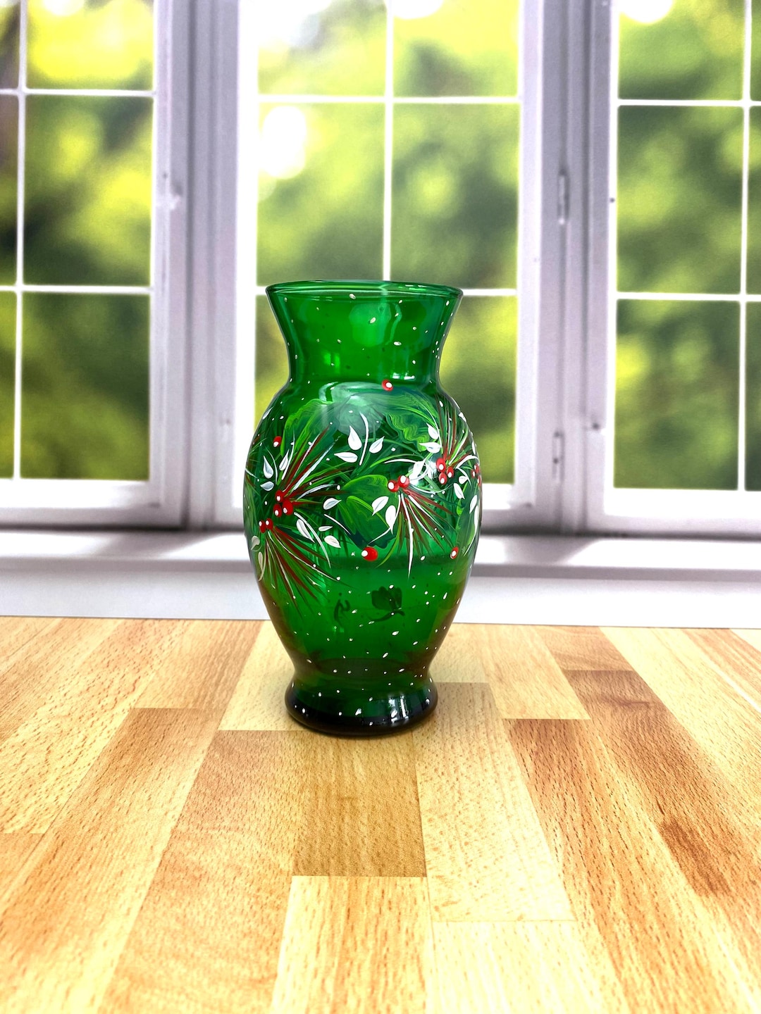 Green Christmas Vase. Holiday Vase With Painted Holly and Berries ...