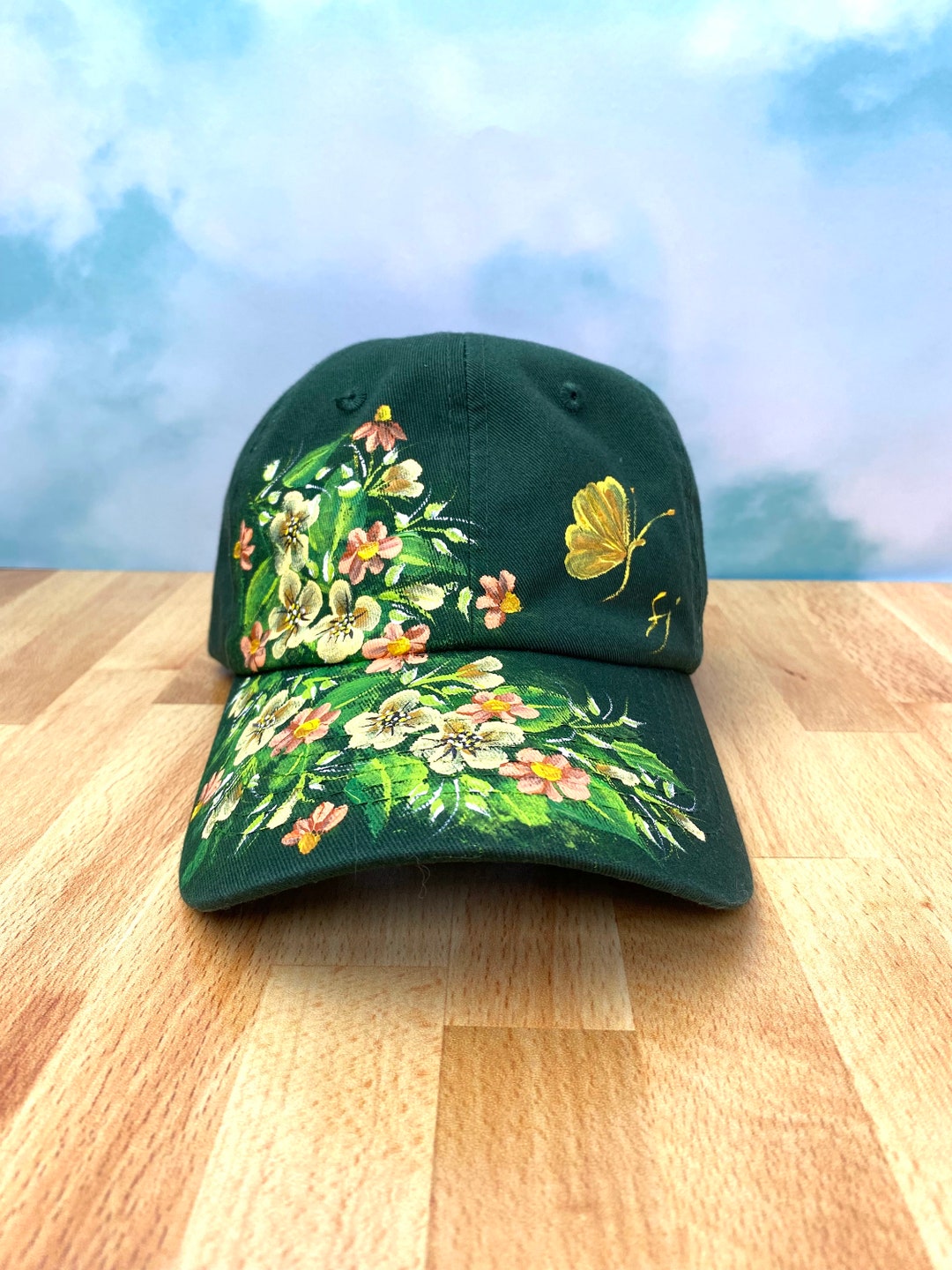 Green Cap. Hand Painted Baseball Cap. Hunter Green Hat. Cap With Floral ...