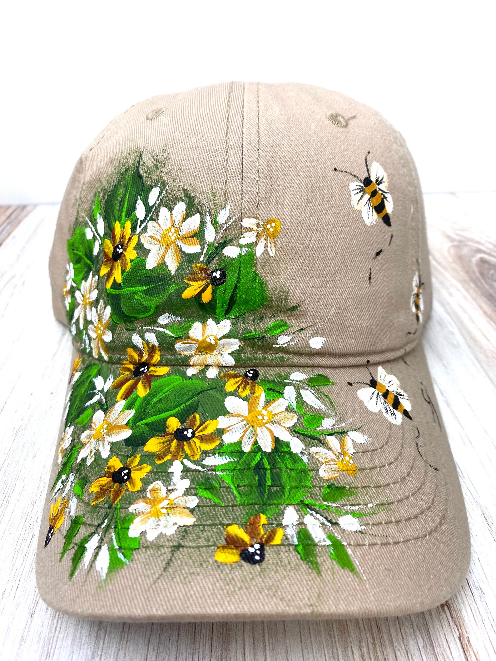 Cap. Hand Painted Baseball Cap. Spring Sun Visor. Daisy and Bee Painted ...