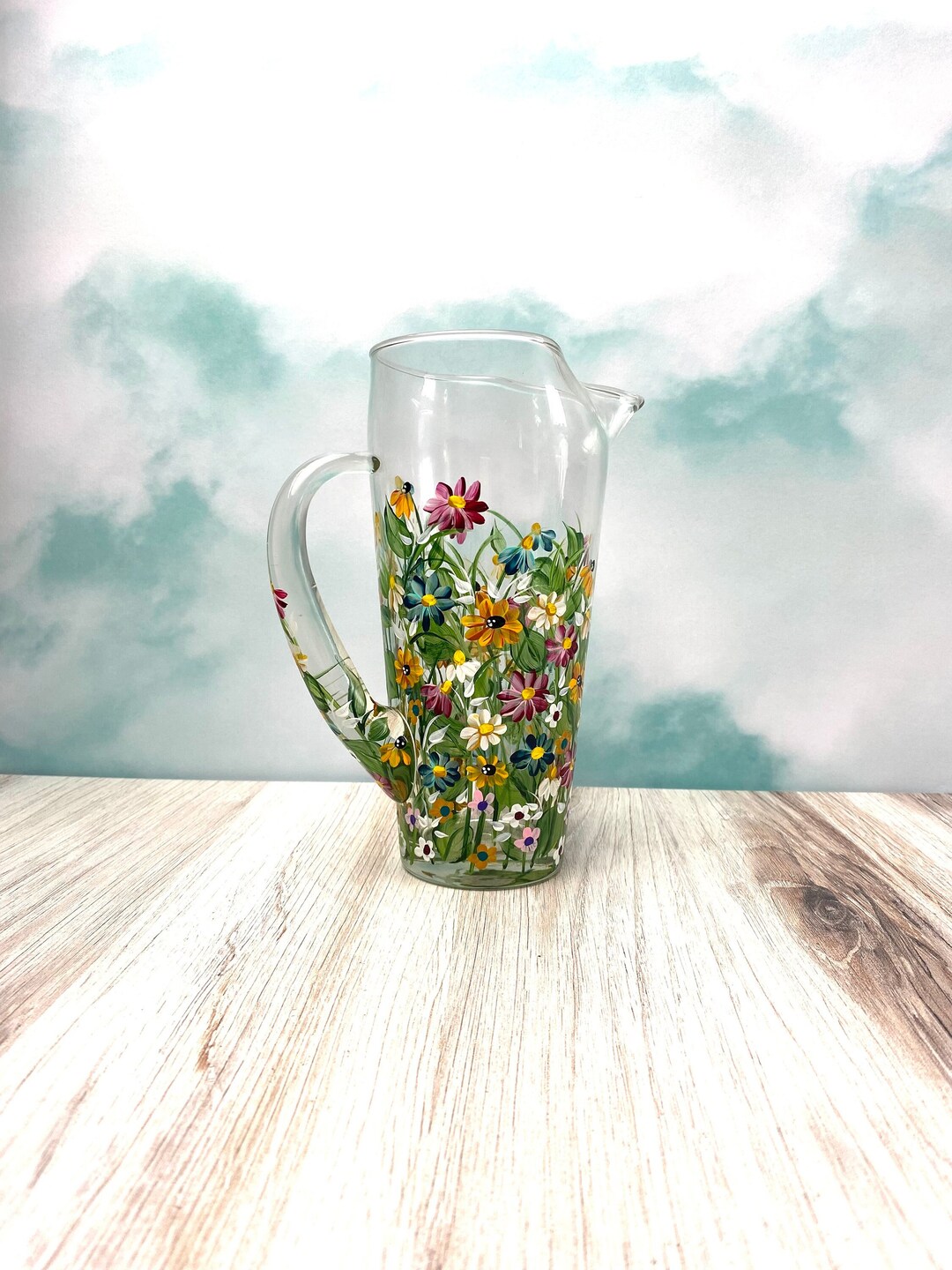 Pitcher. Glass Pitcher. Hand Painted Wildflowers. Colorful Pitcher ...