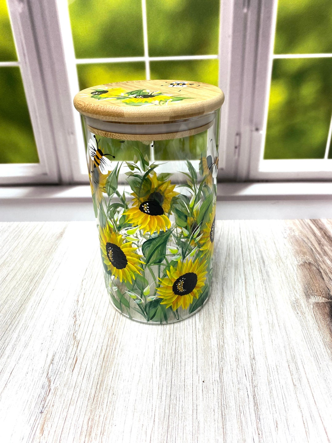 Jar. Covered Jar. Hand Painted Mason Jar With Bamboo Cover. Sunflower ...