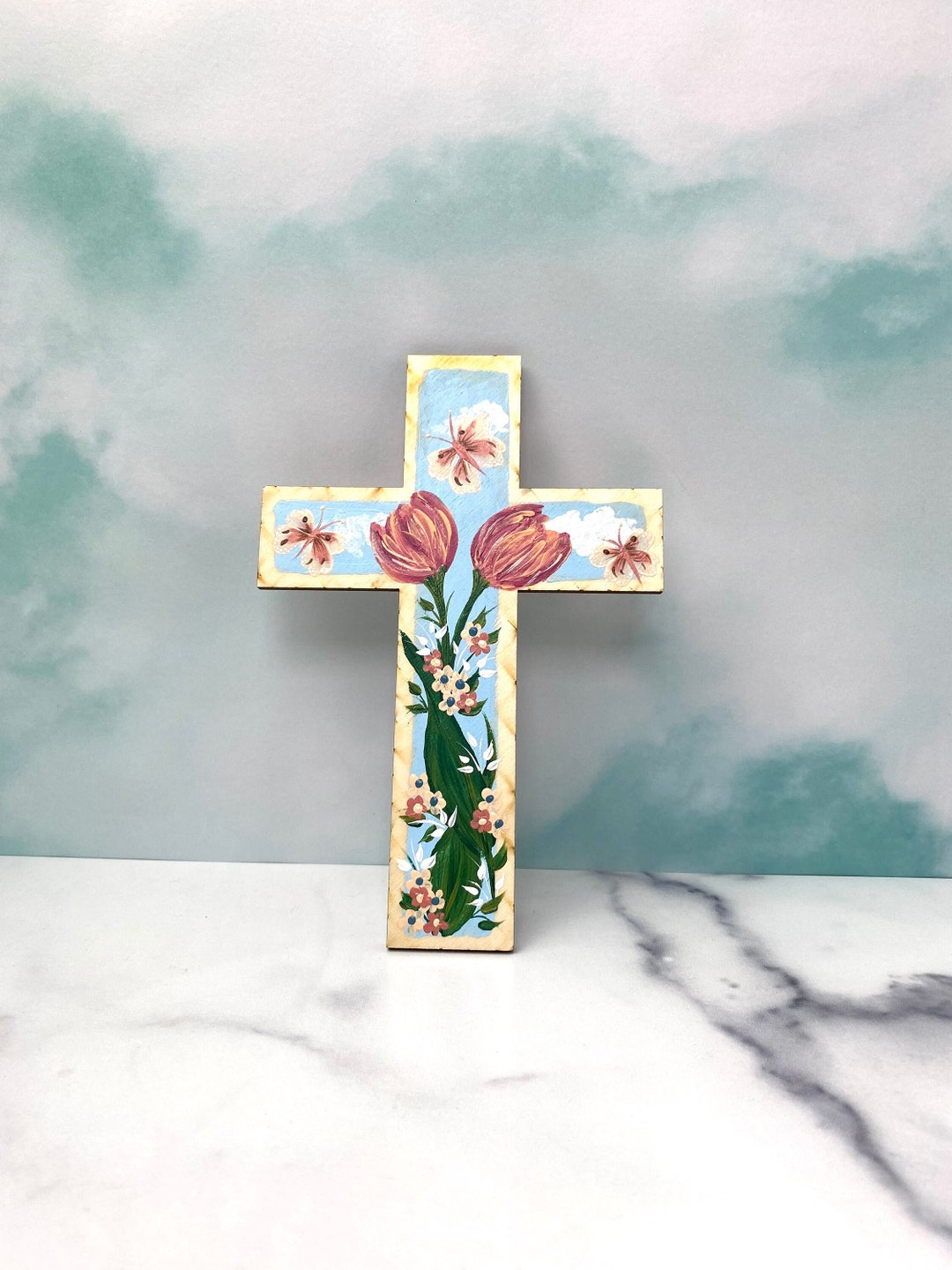 Birchwood Cross. HANDMADE/HAND PAINTED. Floral Crucifix. Religious ...
