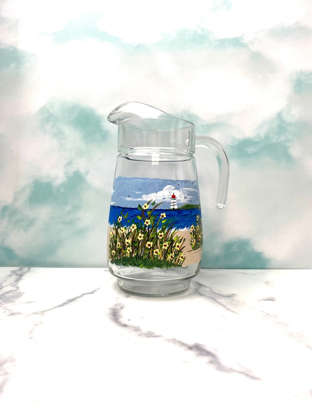 Pitcher. Painted Lighthouse Pitcher. Glass Beach Design Jug. Water Jug ...