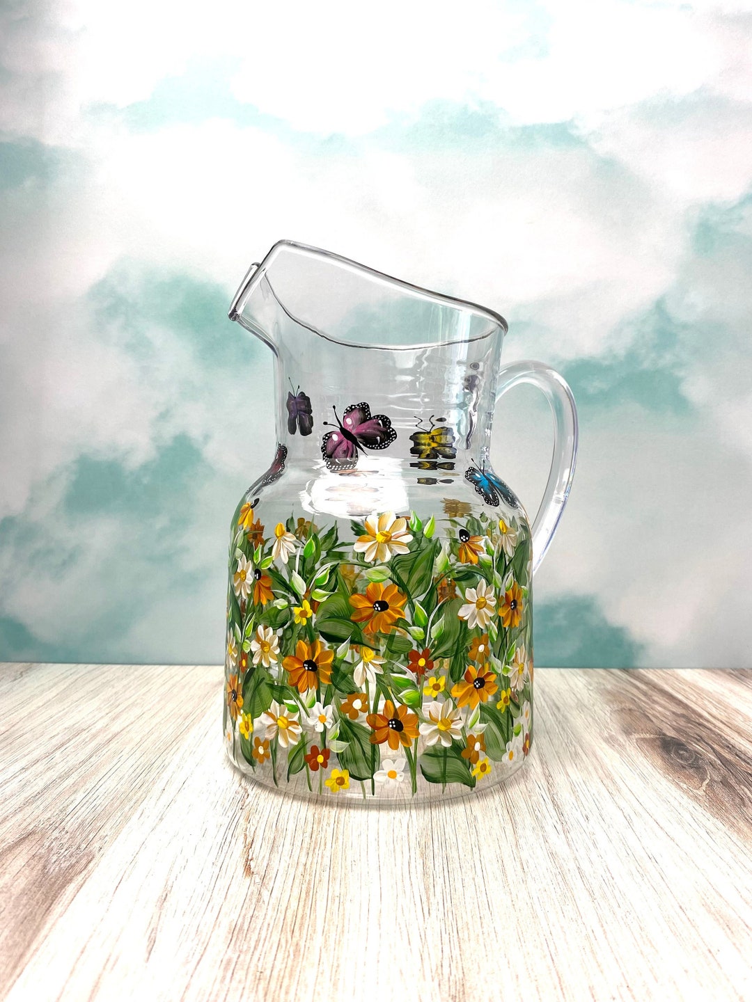 Acrylic Pitcher. Painted Butterfly Pitcher. Daisy Garden Lightweight ...