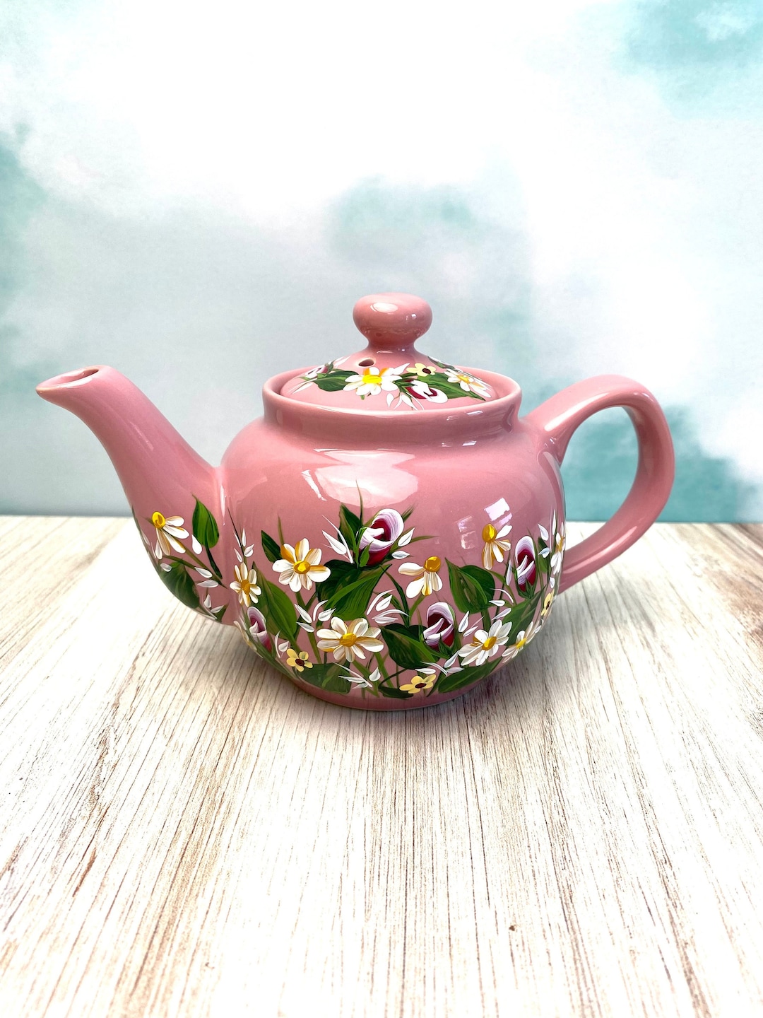 Pink Teapot. 2 Cup Teapot With White Florals. Painted Pink Teapot ...
