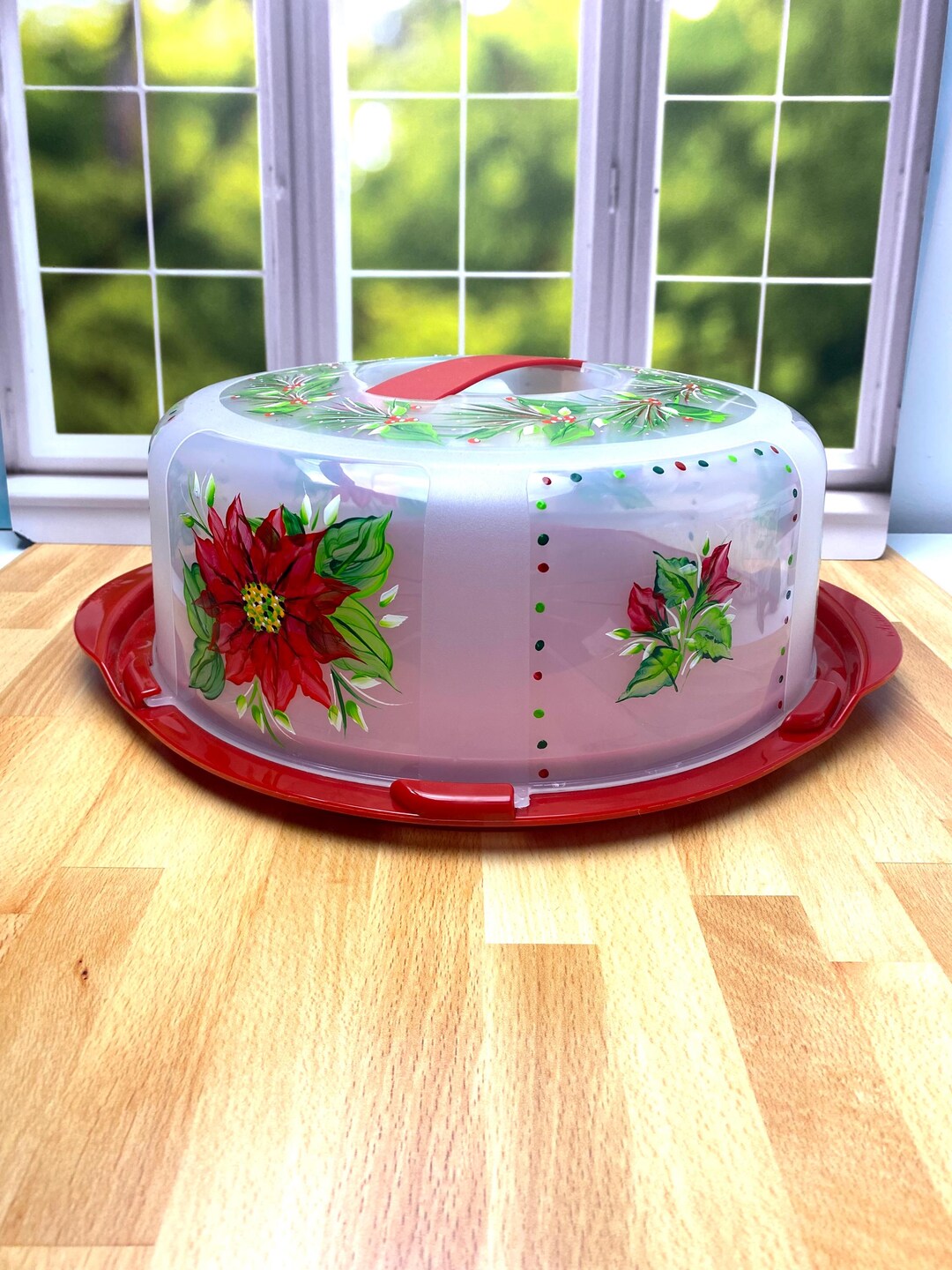 Christmas Cake Dome. 12" Holiday Hand Painted Cake Cover. Plastic Holly ...
