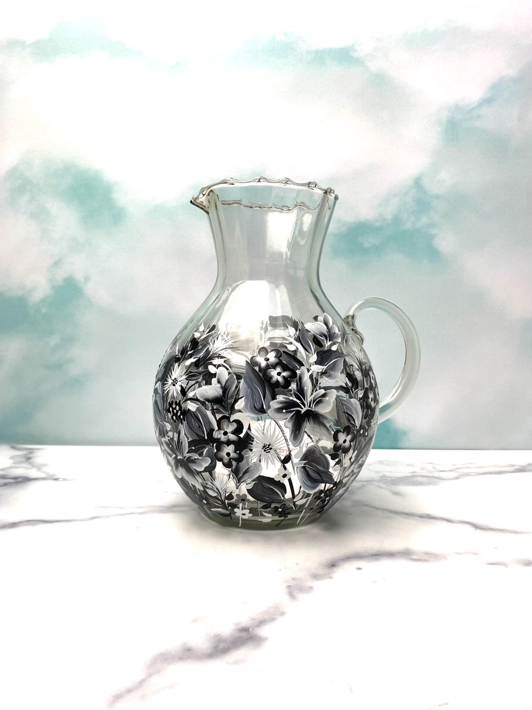 Glass Pitcher. Gray/black/white Pitcher. Hand Painted Gray Glass ...