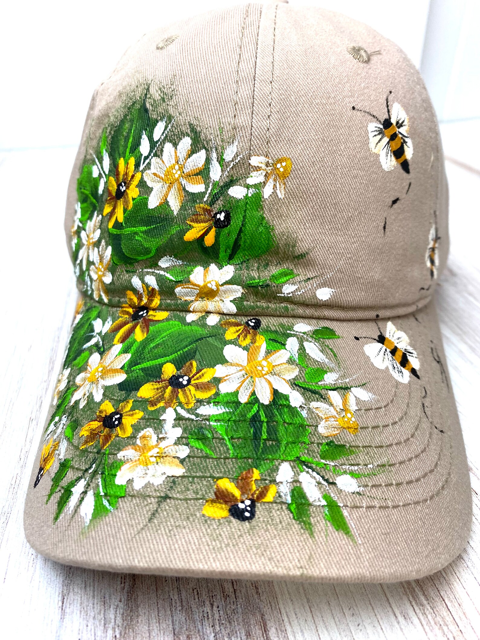 Cap. Hand Painted Baseball Cap. Spring Sun Visor. Daisy and Bee Painted ...
