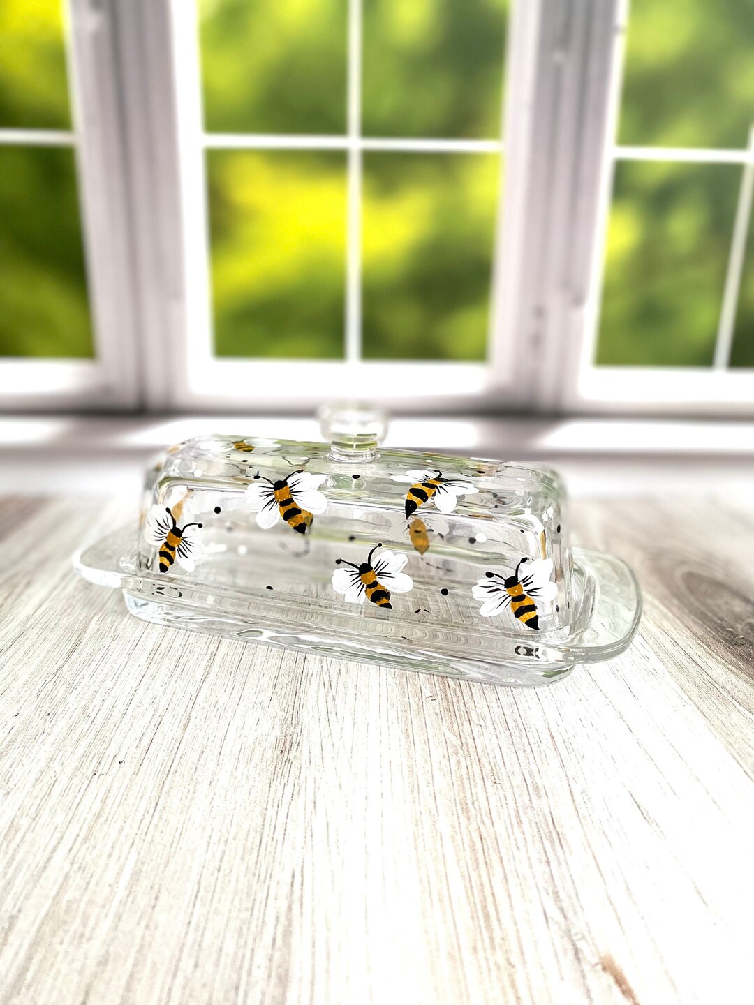 Hand Painted Bee Butter Dish With Handle: Glass Kitchen Decor-country ...
