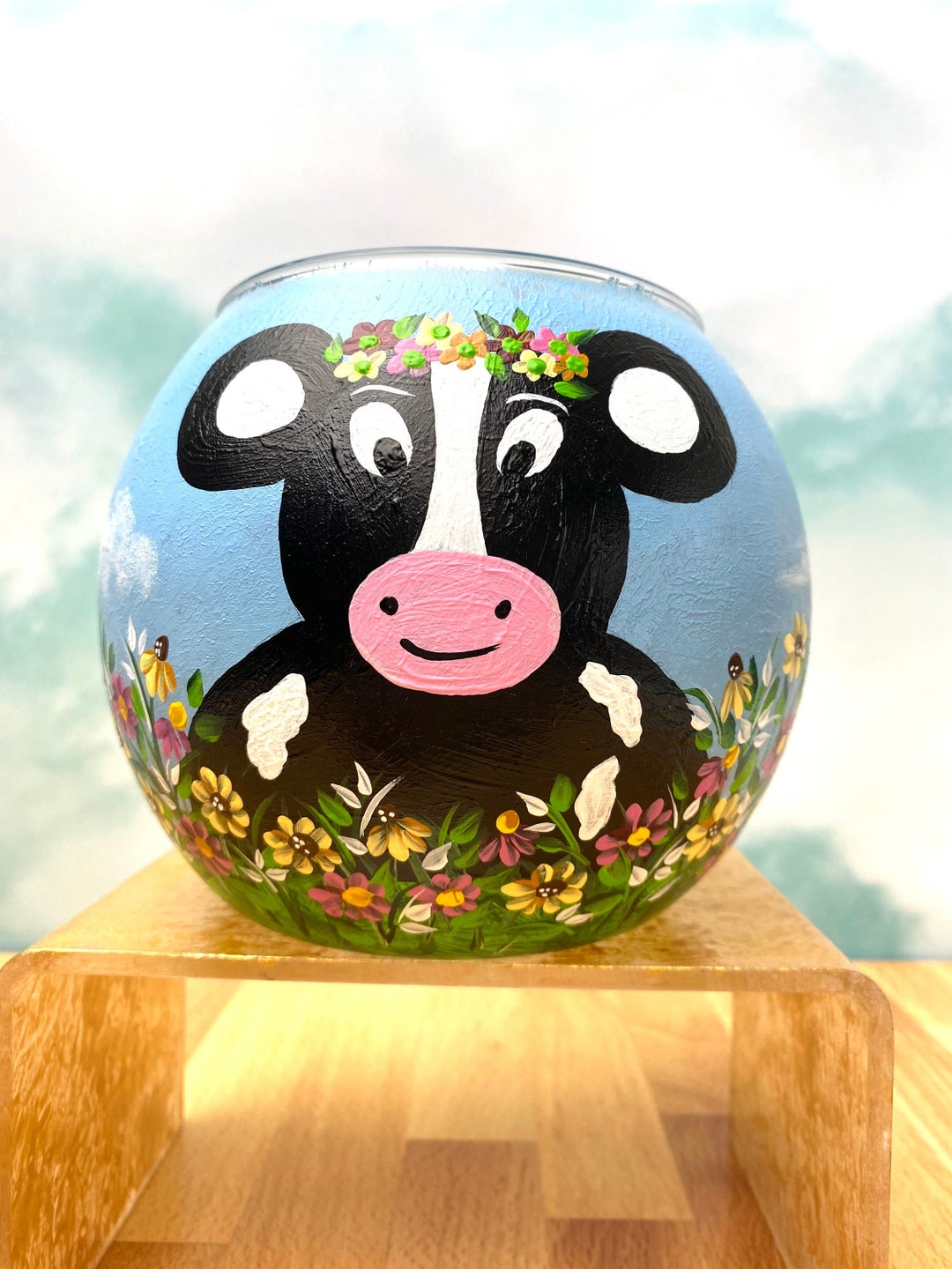 Cow Vase. Cow on Vase for Flowers. Round Glass Painted Vase. Cute Cow ...