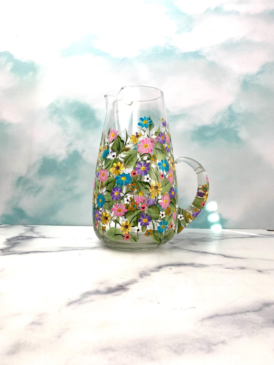 Pitcher. Large Glass Pitcher. Wildflower Garden Jug. Table Decor ...