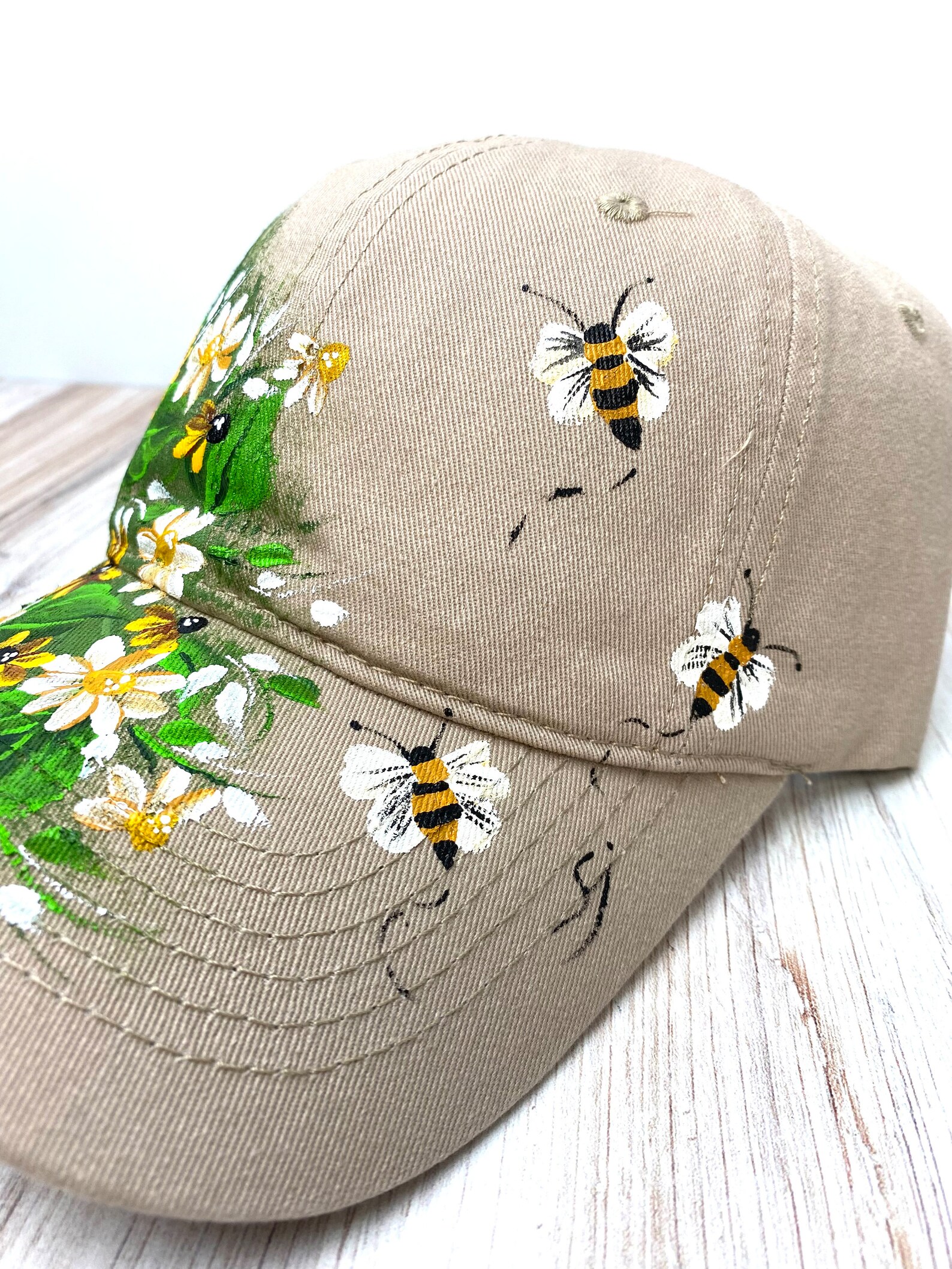 Cap. Hand Painted Baseball Cap. Spring Sun Visor. Daisy and Bee Painted ...