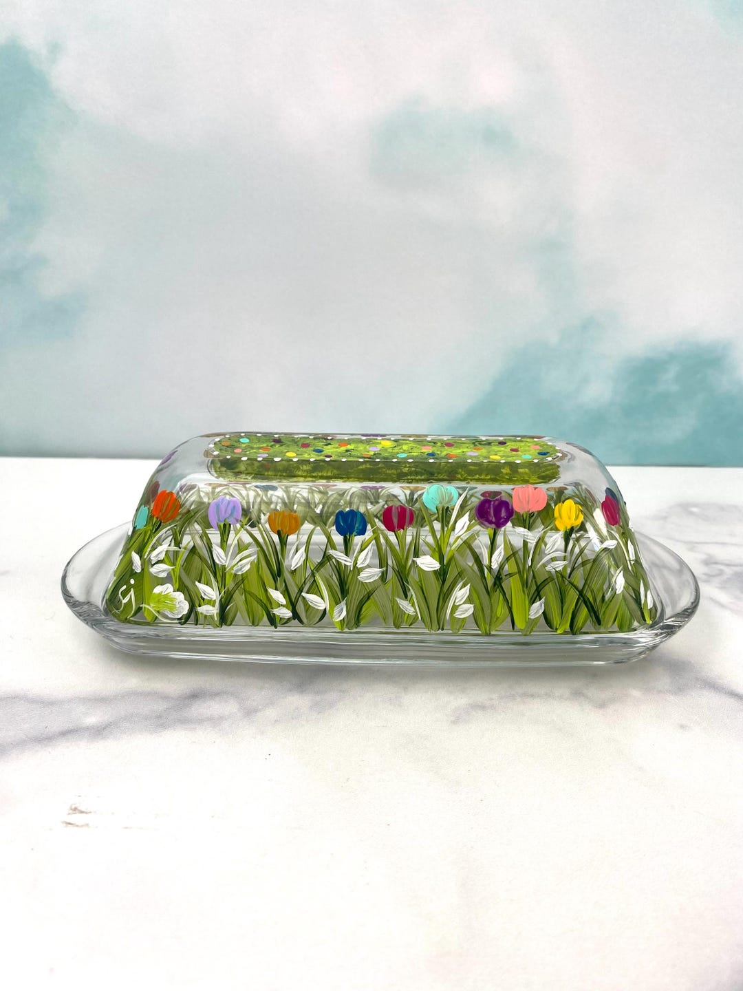 Butter Dish.hand Painted Covered Butter Dish. Glass Butter Dish With ...