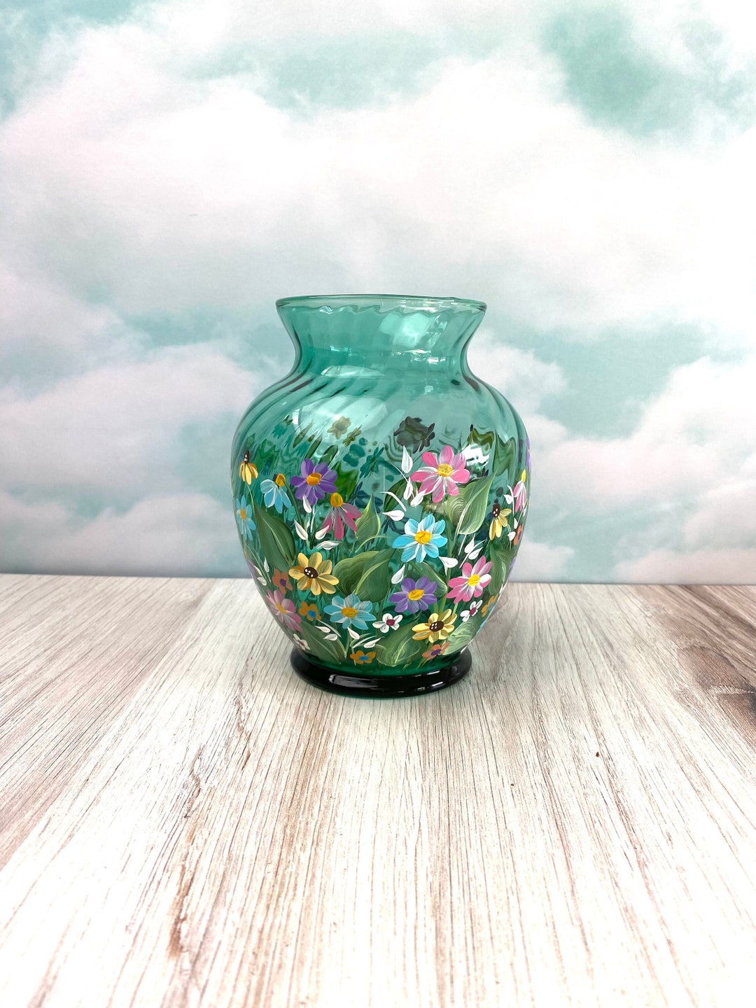 Green Vase. Wildflower Vase. Painted Glass Vase With Pastel Daisies. Colorful Green Floral Vase ...
