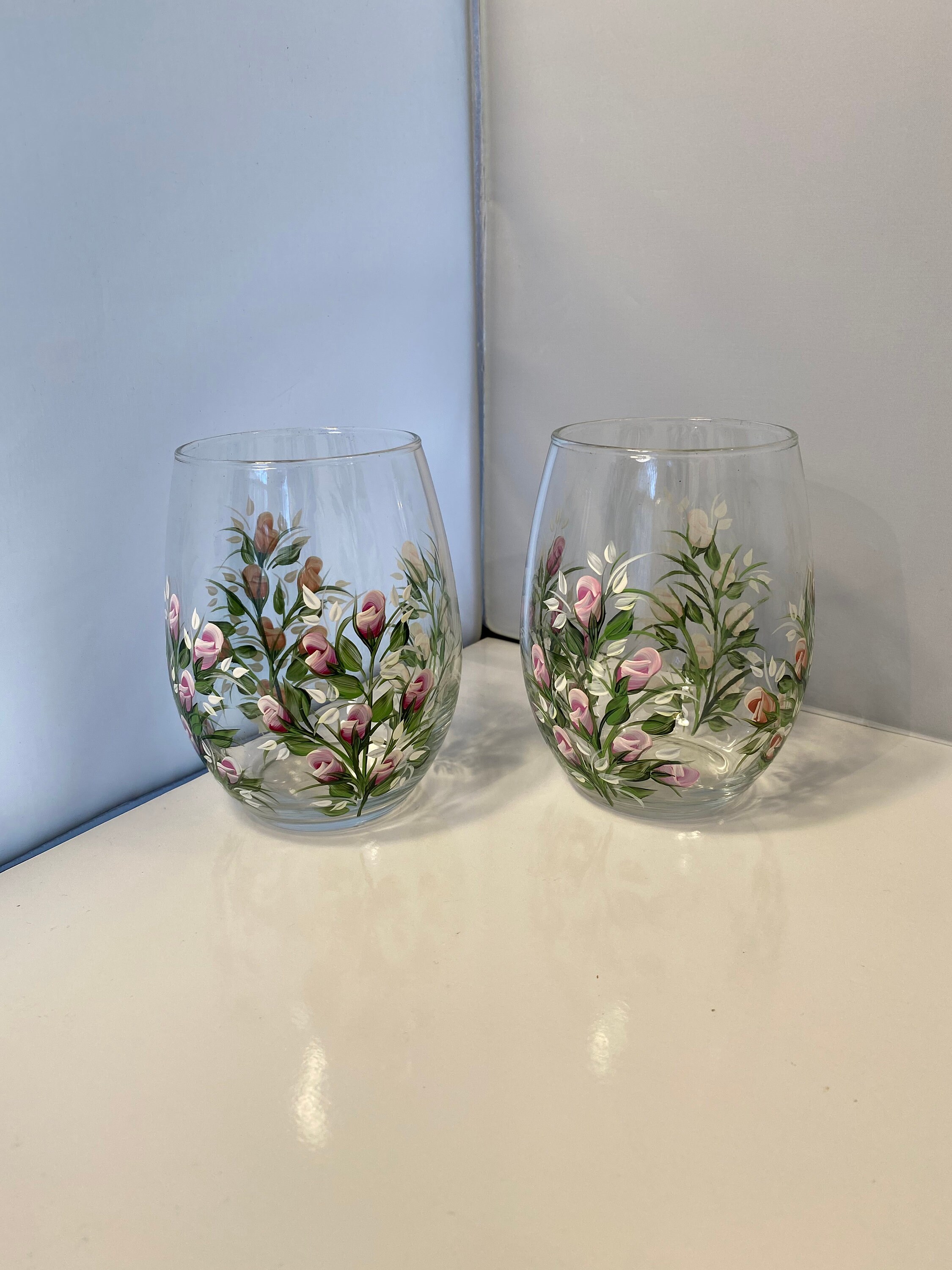 Hand Painted Stemless Wine Glass. Rose Bud Wine Glass. Painted | Etsy