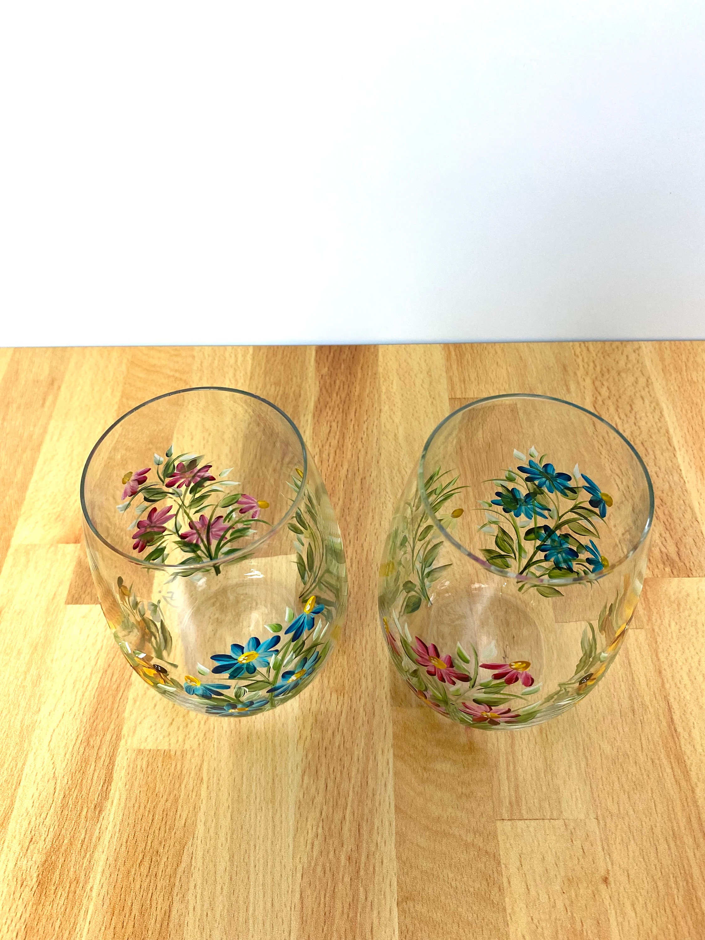 Stemless Wine Glass. HANDMADE Daisy Wine Glass. Colorful - Etsy