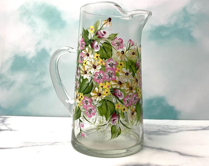 Pitcher. Painted Floral Pitcher. Glass Art Pitcher. Table Dining ...