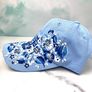 Blue and White Floral Cap. Painted Cap for Sun and Beachwear. Blue ...
