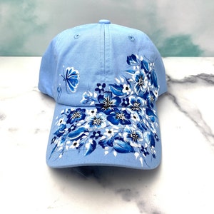 Blue and White Floral Cap. Painted Cap for Sun and Beachwear. Blue ...