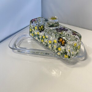 Hand Painted Butterfly Butter Dish. Glass Covered Butter Dish. Butter ...