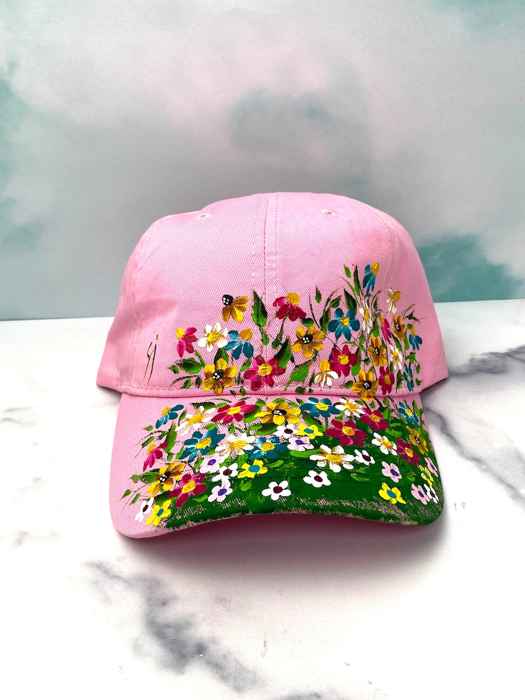 Pink Floral Cap. Painted Cap for Sun and Beachwear. Pink Visor. Pink ...
