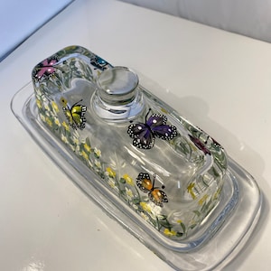 Hand Painted Butterfly Butter Dish. Glass Covered Butter Dish. Butter ...