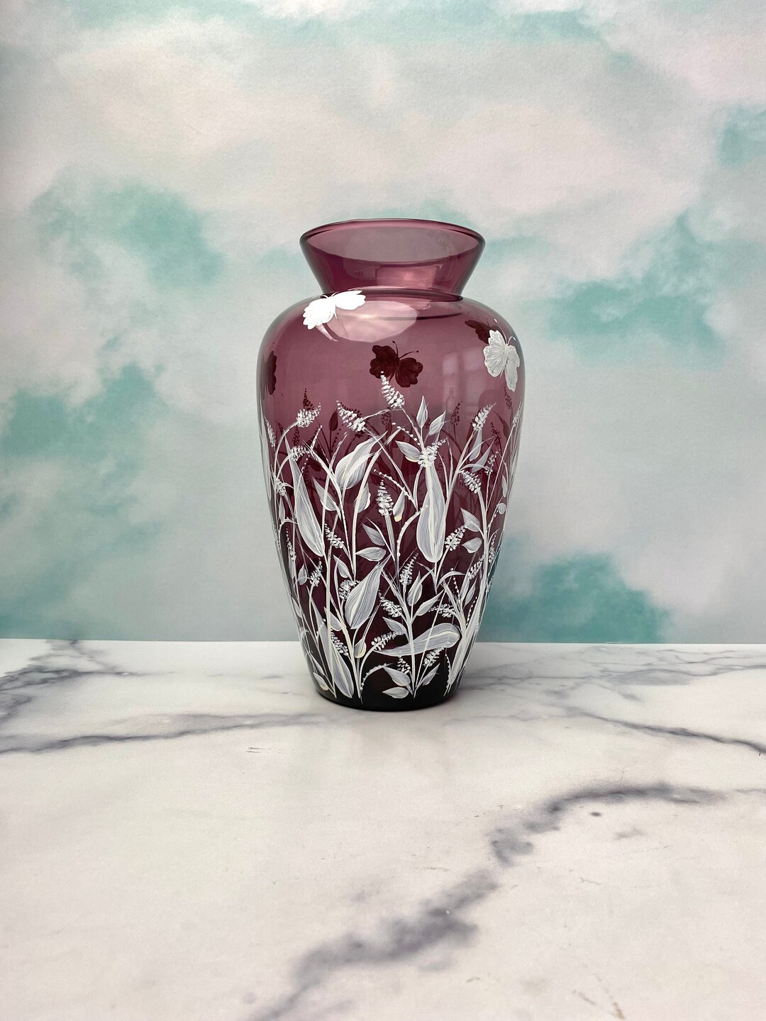 Vase. Purple Glass Vase. Hand Painted Floral Vase. Ivy Cottage Art ...