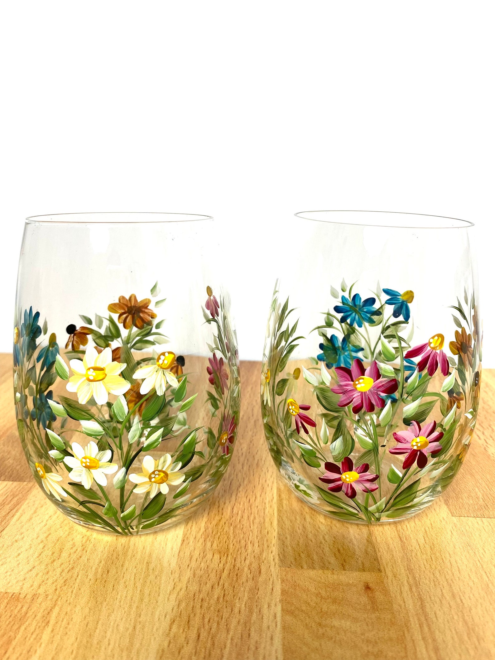 Stemless Wine Glass. HANDMADE Daisy Wine Glass. Colorful - Etsy