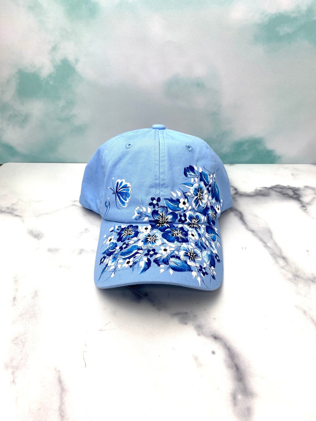 Blue and White Floral Cap. Painted Cap for Sun and Beachwear. Blue ...