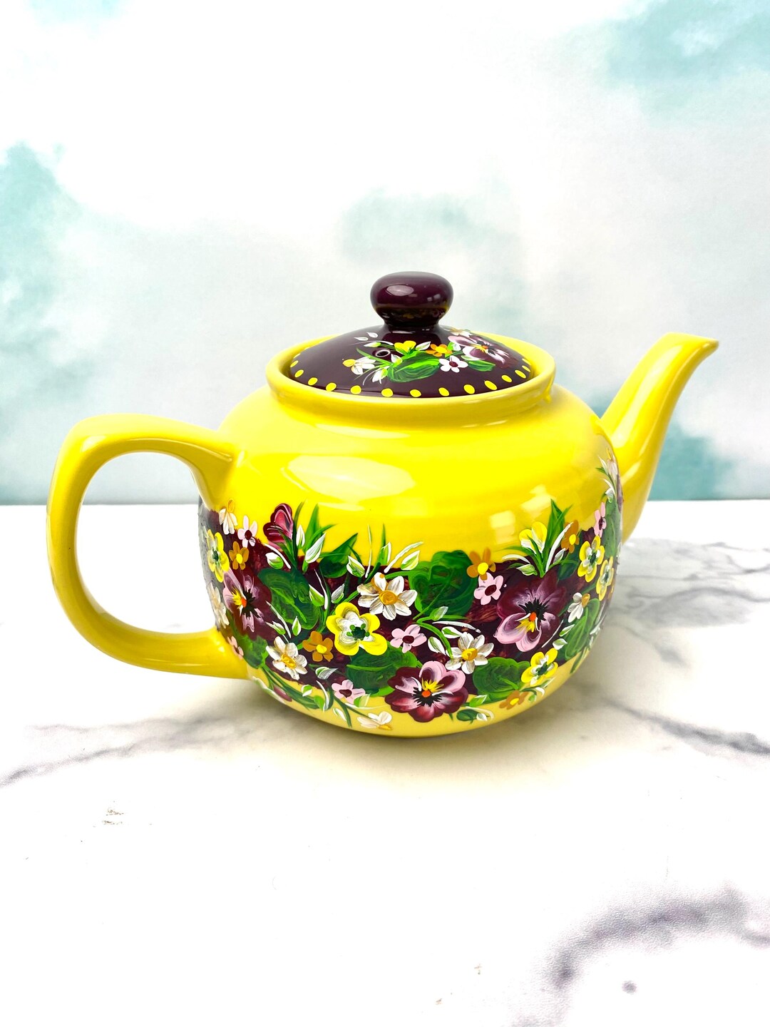 Teapot. Yellow/purple Teapot. Garden Art Teapot. Cottage/country Tea ...