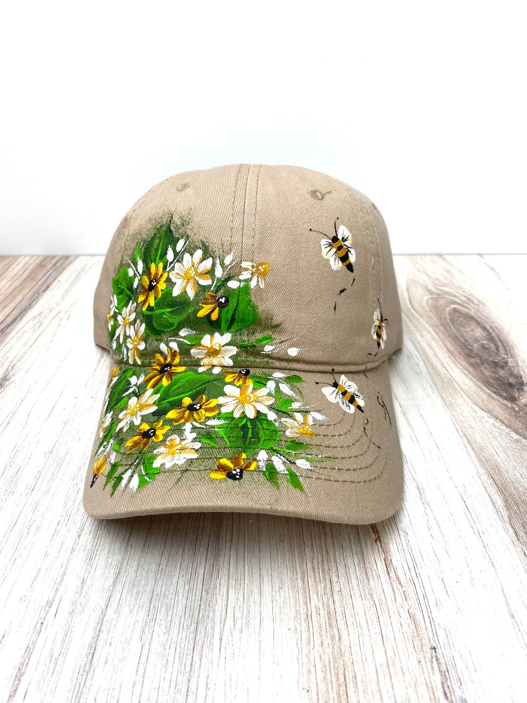 Cap. Hand Painted Baseball Cap. Spring Sun Visor. Daisy and Bee Painted ...