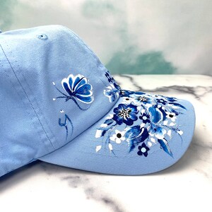 Blue and White Floral Cap. Painted Cap for Sun and Beachwear. Blue ...