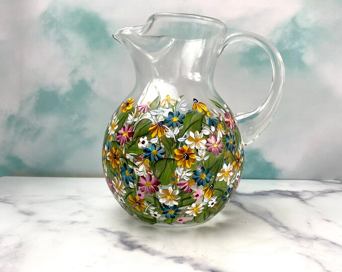 Pitcher. Large Glass Pitcher. Hand Painted Wildflower. Table Dining ...